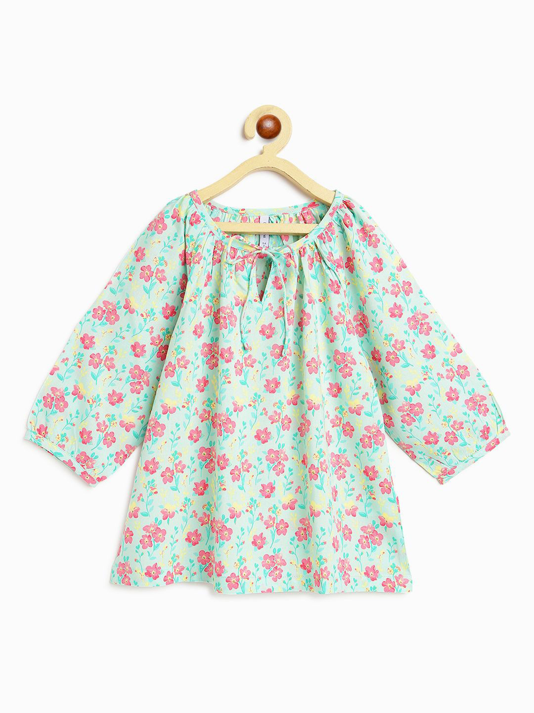 Buy Campana Girls Floral Printed Tie Up Neck Raglan Sleeves A Line Top ...