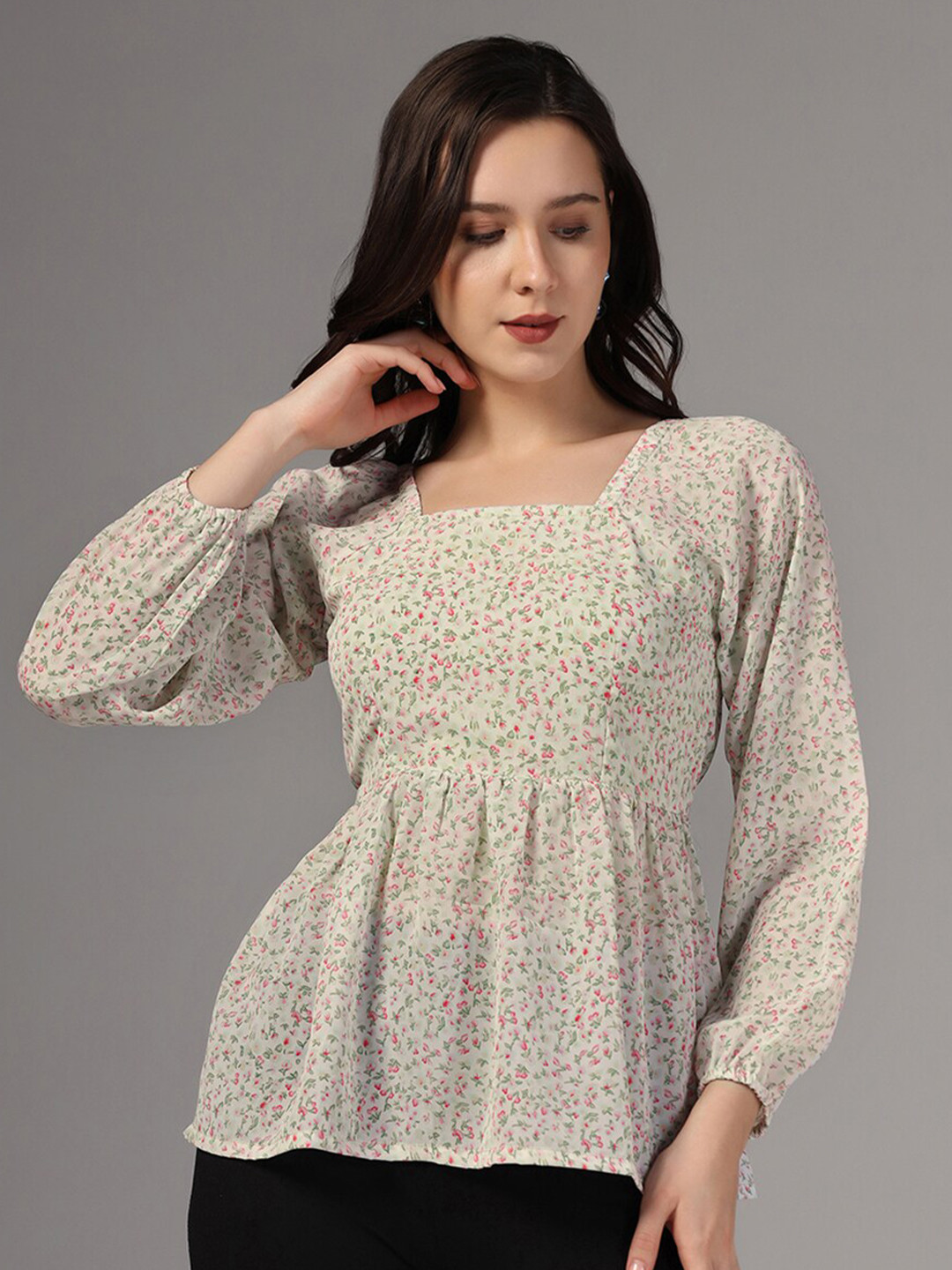 Buy OMPAX Geometric Print Square Neck Bishop Sleeves Empire Top - Tops ...