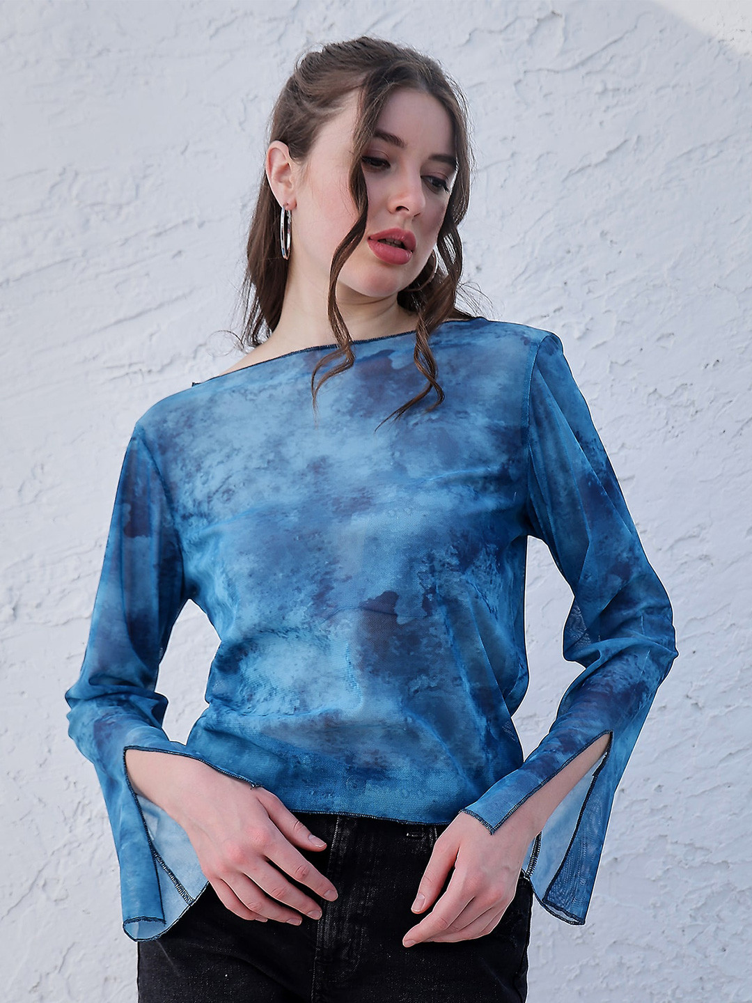 Buy Athena Tie And Dye Boat Neck Bell Sleeve Semi Sheer Net Top - Tops ...