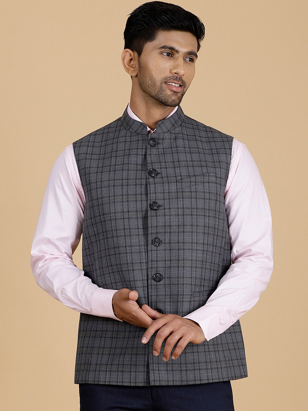 Buy MODI JACKET Checked Mandarin Collar Pure Wool Nehru Jacket - Nehru ...