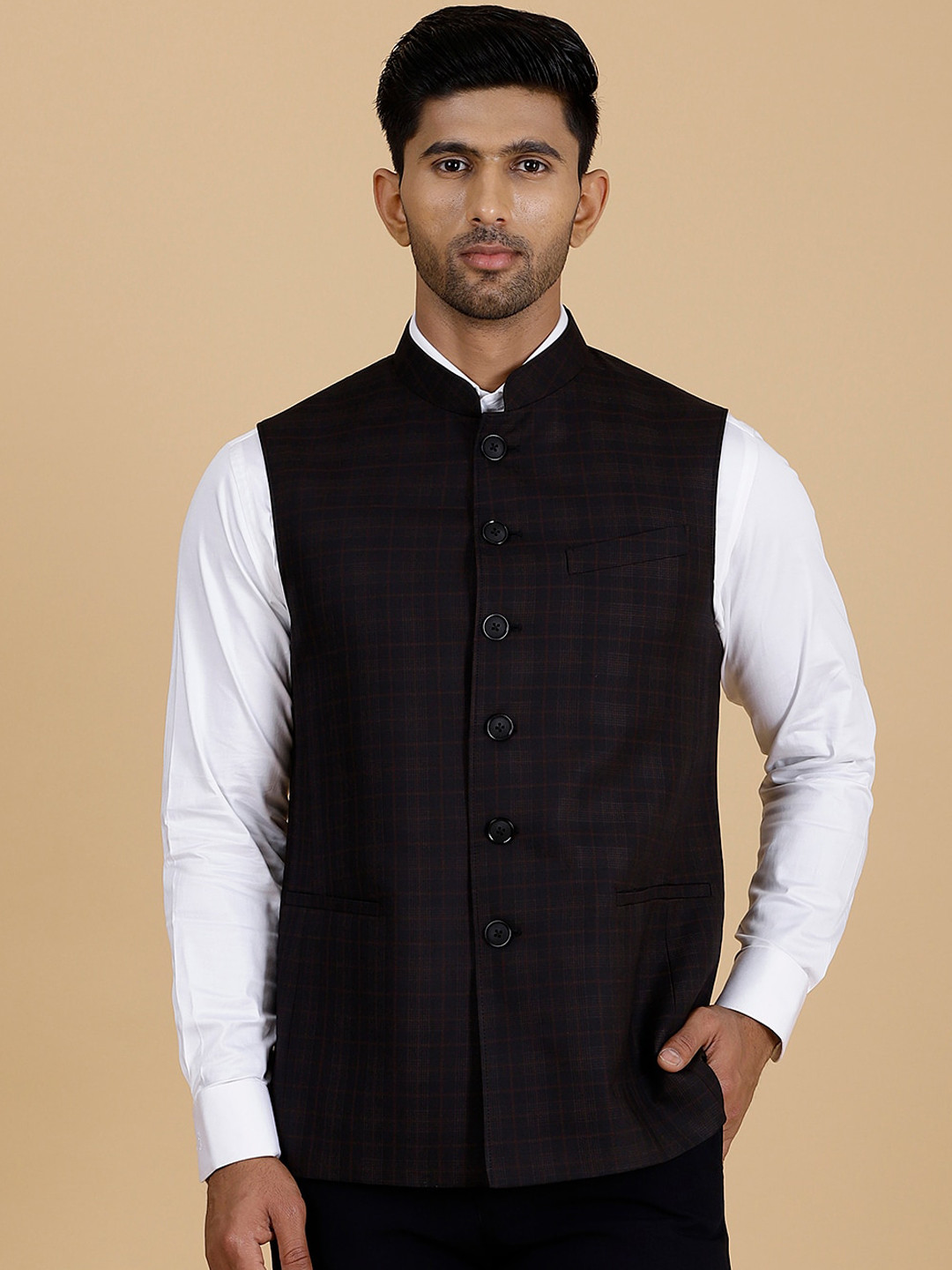 Buy MODI JACKET Checked Mandarin Collar Pure Wool Nehru Jacket - Nehru ...