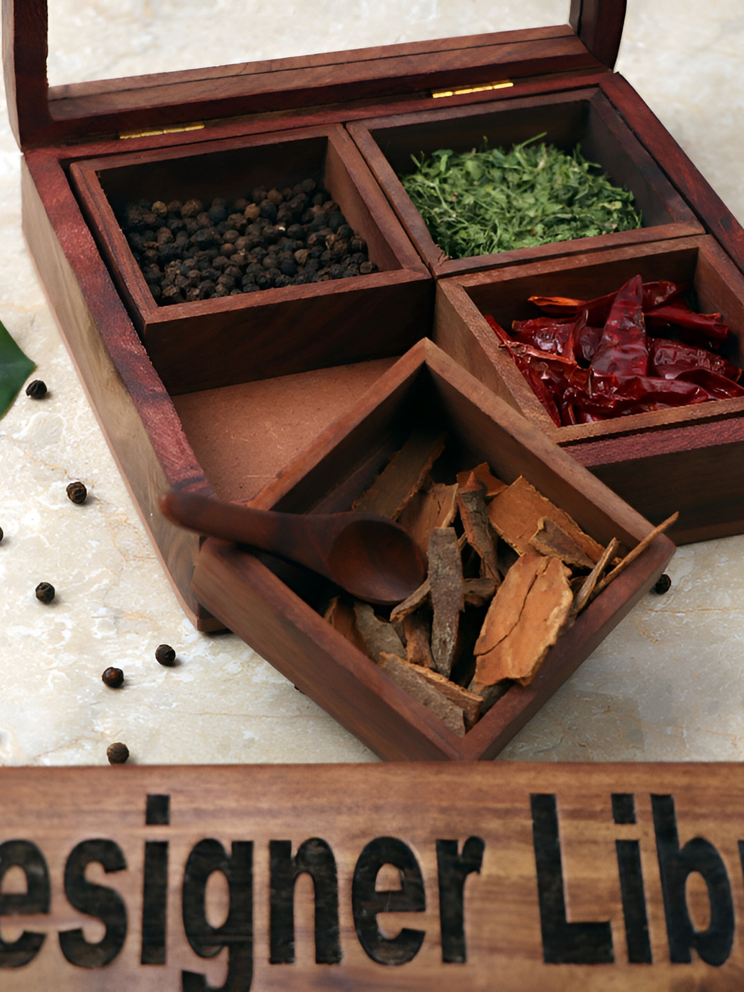 Buy Designer Library Maroon Wooden Square Spice Box - Spice Box for ...