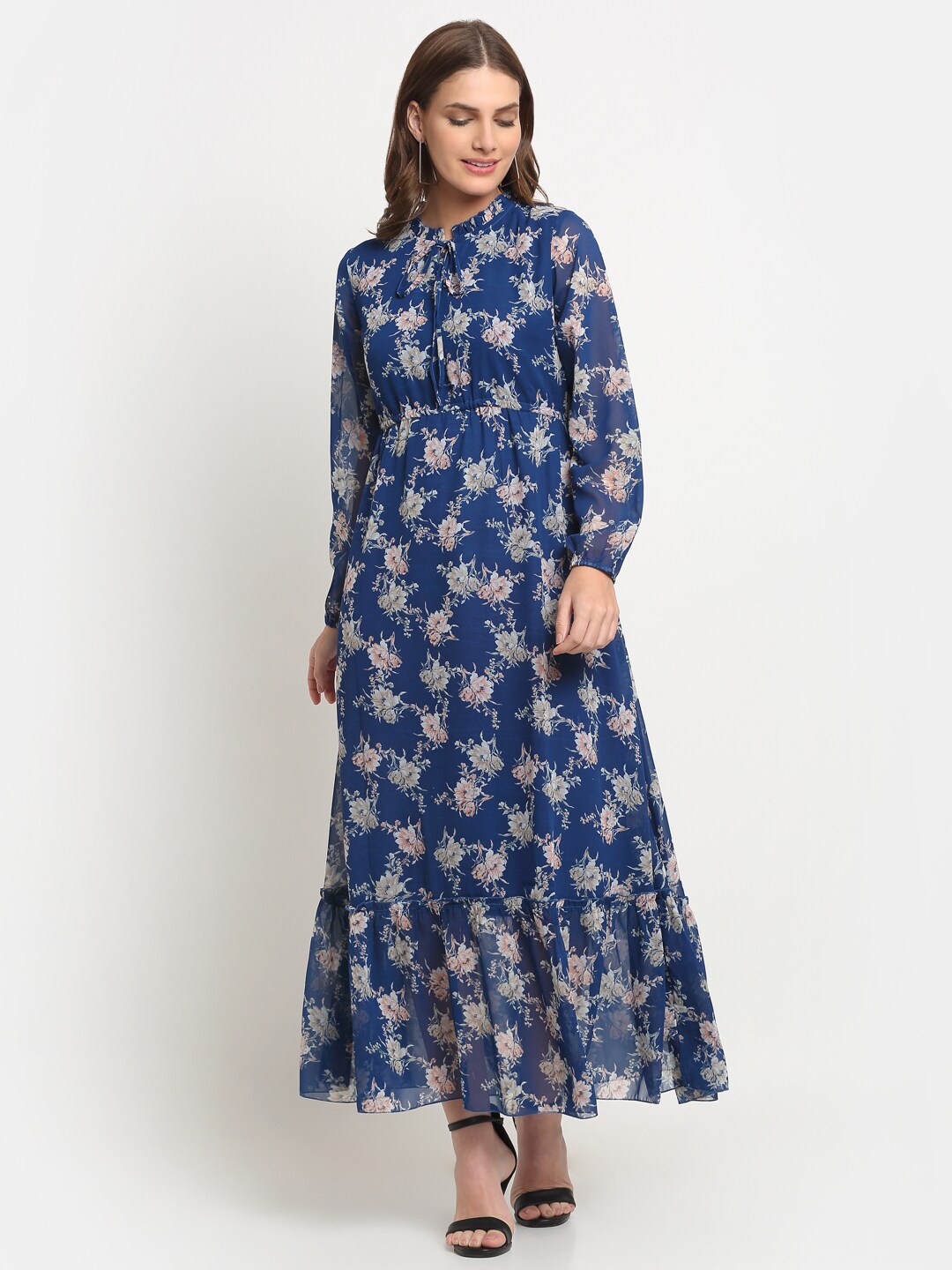 Buy Kalini Floral Printed Tie Up Neck Cuffed Sleeves Georgette Maxi
