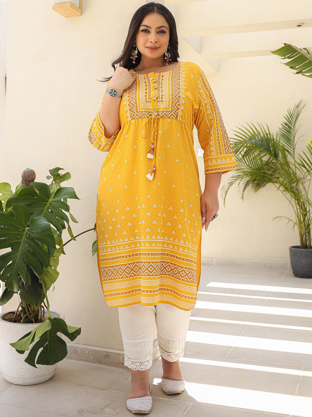 Buy Juniper Plus Size Ethnic Motifs Printed Keyhole Neck Flared Sleeves