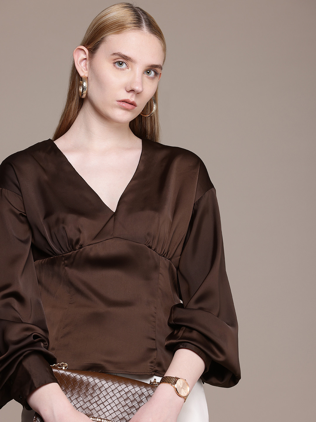 Buy French Connection V Neck Cuffed Sleeves Gathered Or Pleated Satin ...