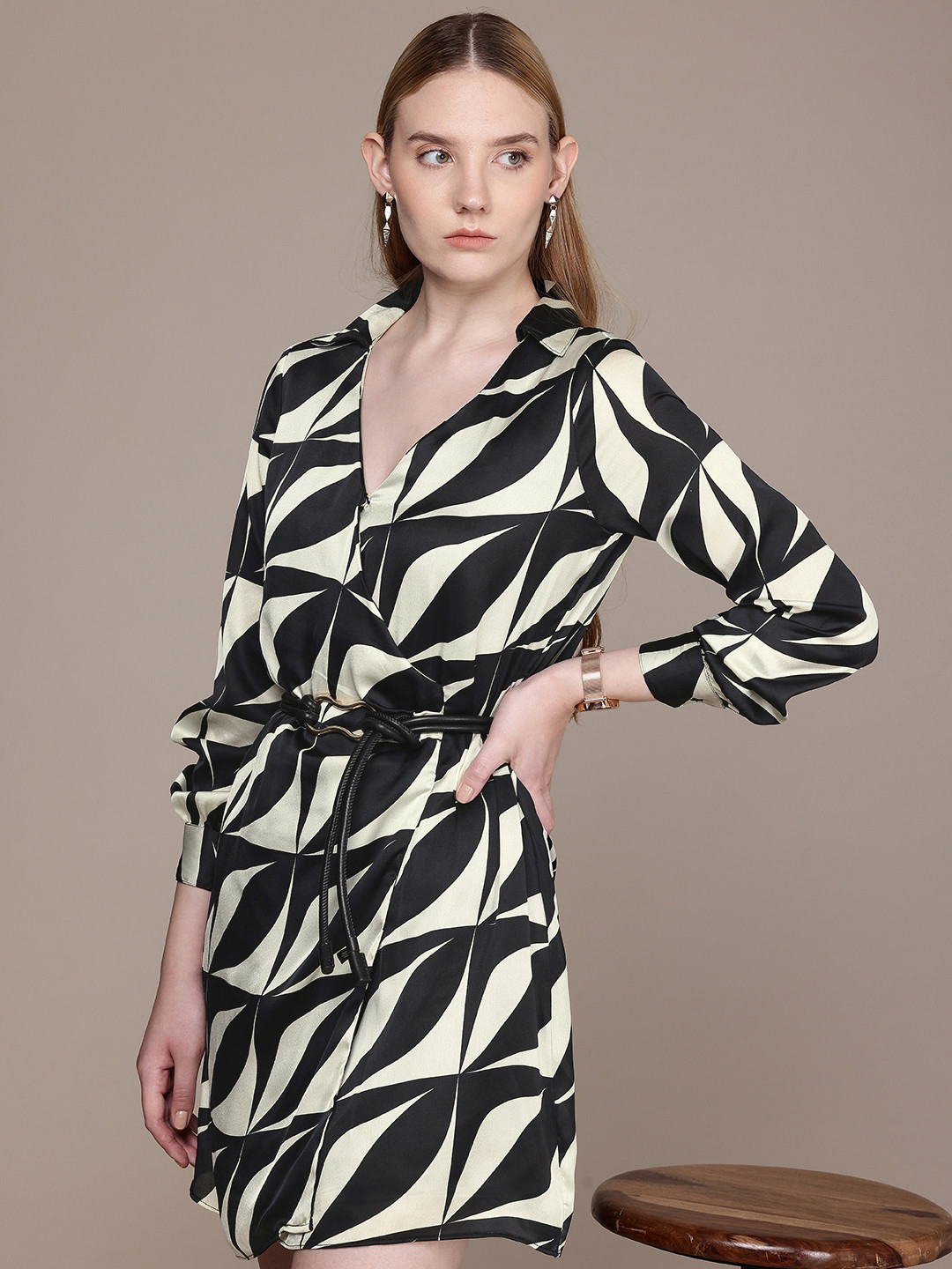 Buy French Connection Printed Shirt Collar Cuffed Sleeves Pleated Satin ...