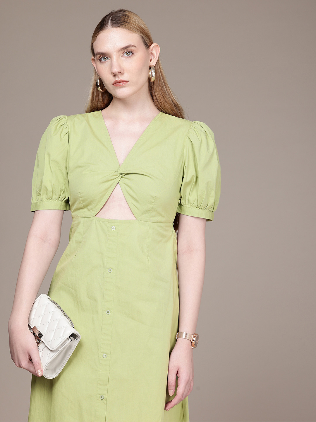 Buy French Connection Puff Sleeves Cut Outs Pure Cotton A Line Midi ...