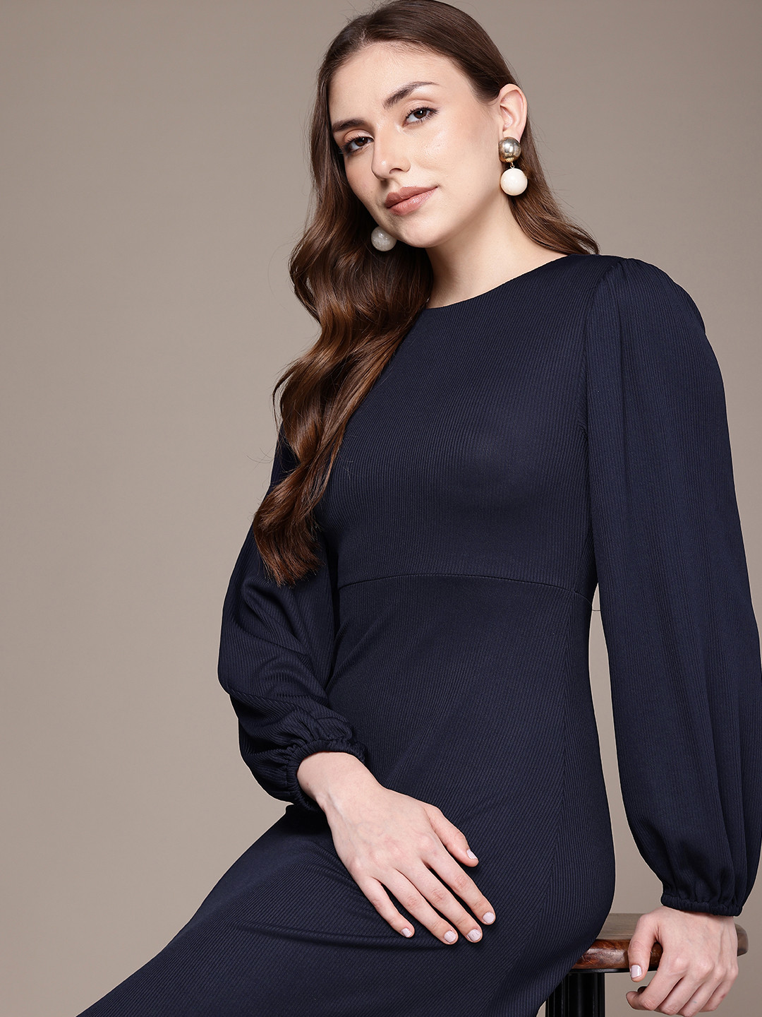 Buy French Connection Puff Sleeves Ribbed A Line Midi Dress - Dresses ...