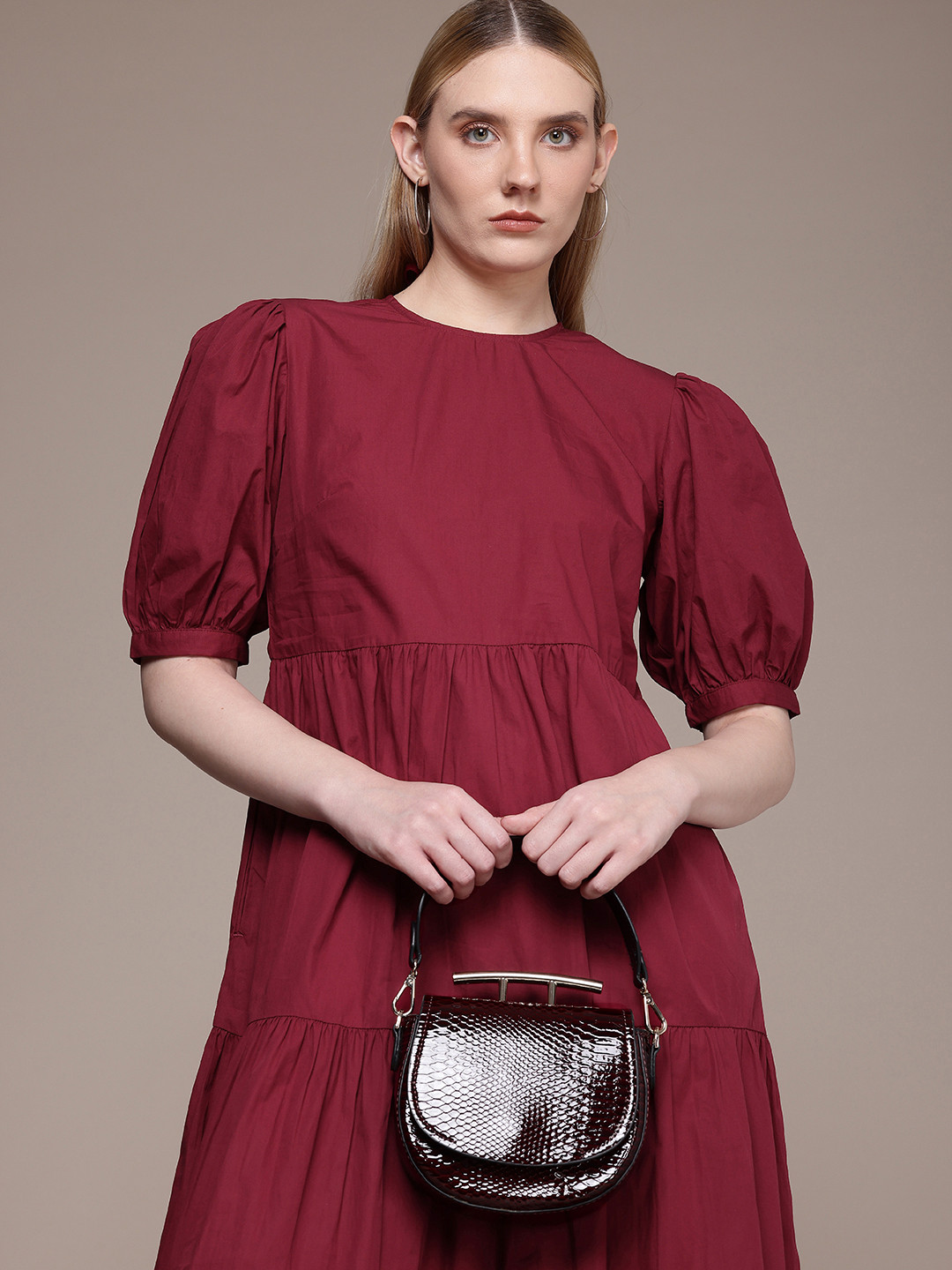 Buy French Connection Pure Cotton Puff Sleeve Tiered A Line Midi Dress ...