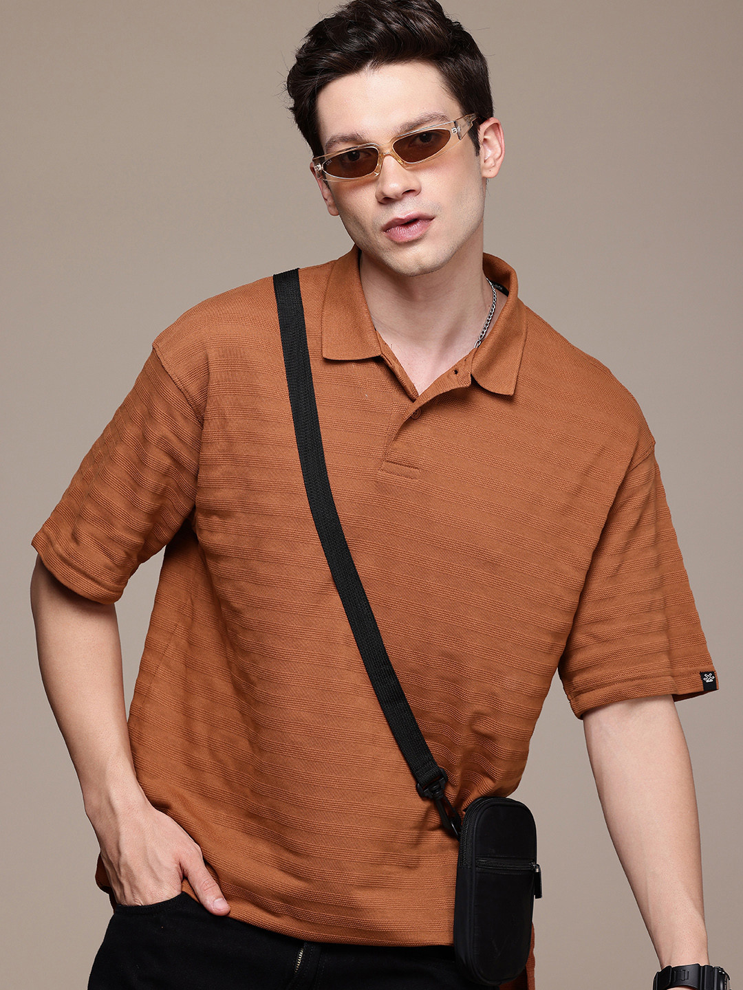 Buy WROGN Self Design Striped Polo Collar Drop Shoulder Sleeves ...