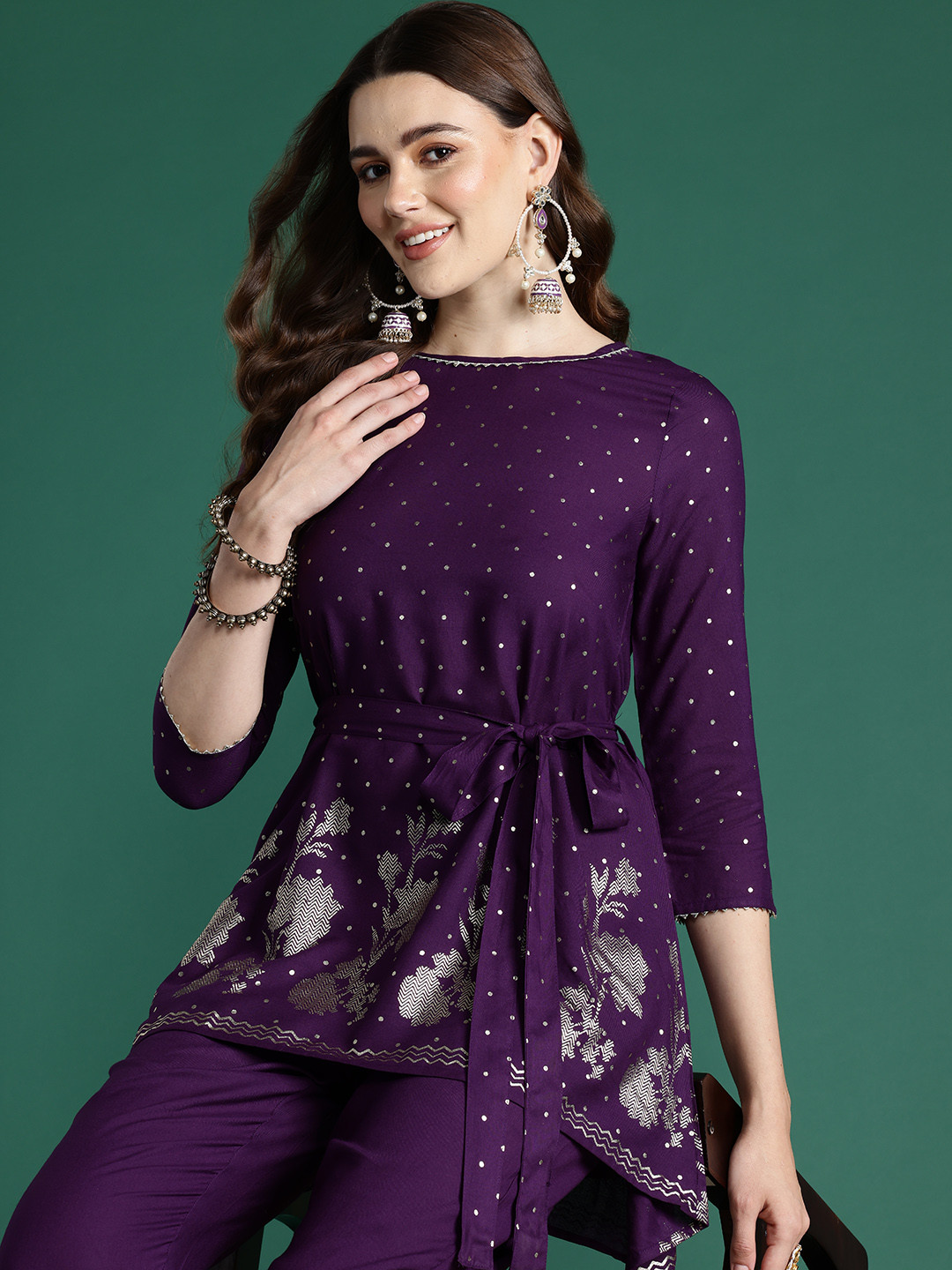 Buy Sangria Floral Printed Regular Gotta Patti Kurti With Trousers - Kurta Sets for Women ...