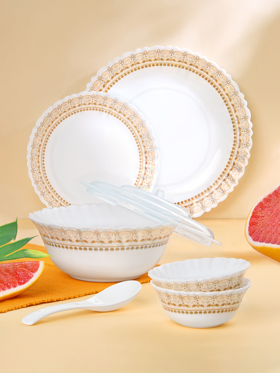 Buy Larah By BOROSIL Arche Jupiter White 34 Pcs Printed Crockery Dinner ...