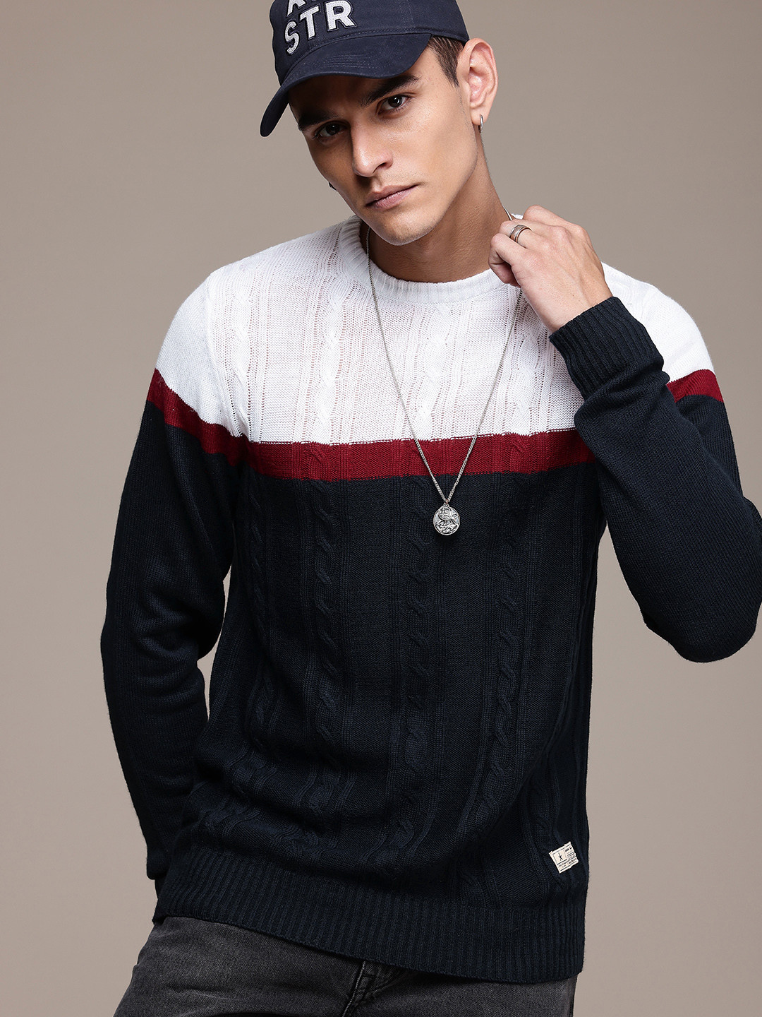 Buy The Roadster Life Co. Cable Knit Colourblocked Pullover Sweater ...
