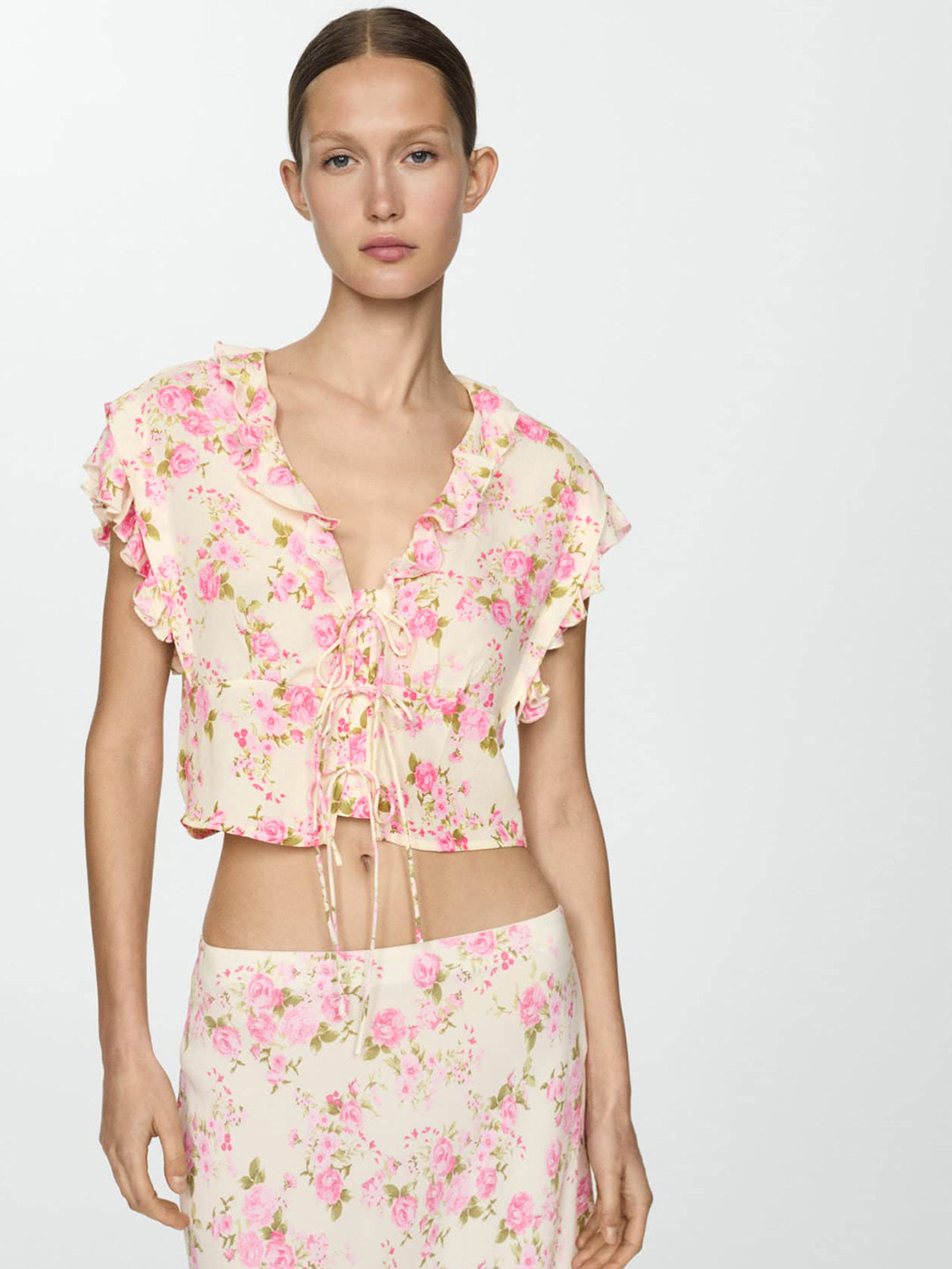 Buy MANGO Floral Print Ruffle Detail Extended Sleeves Crop Top - Tops ...