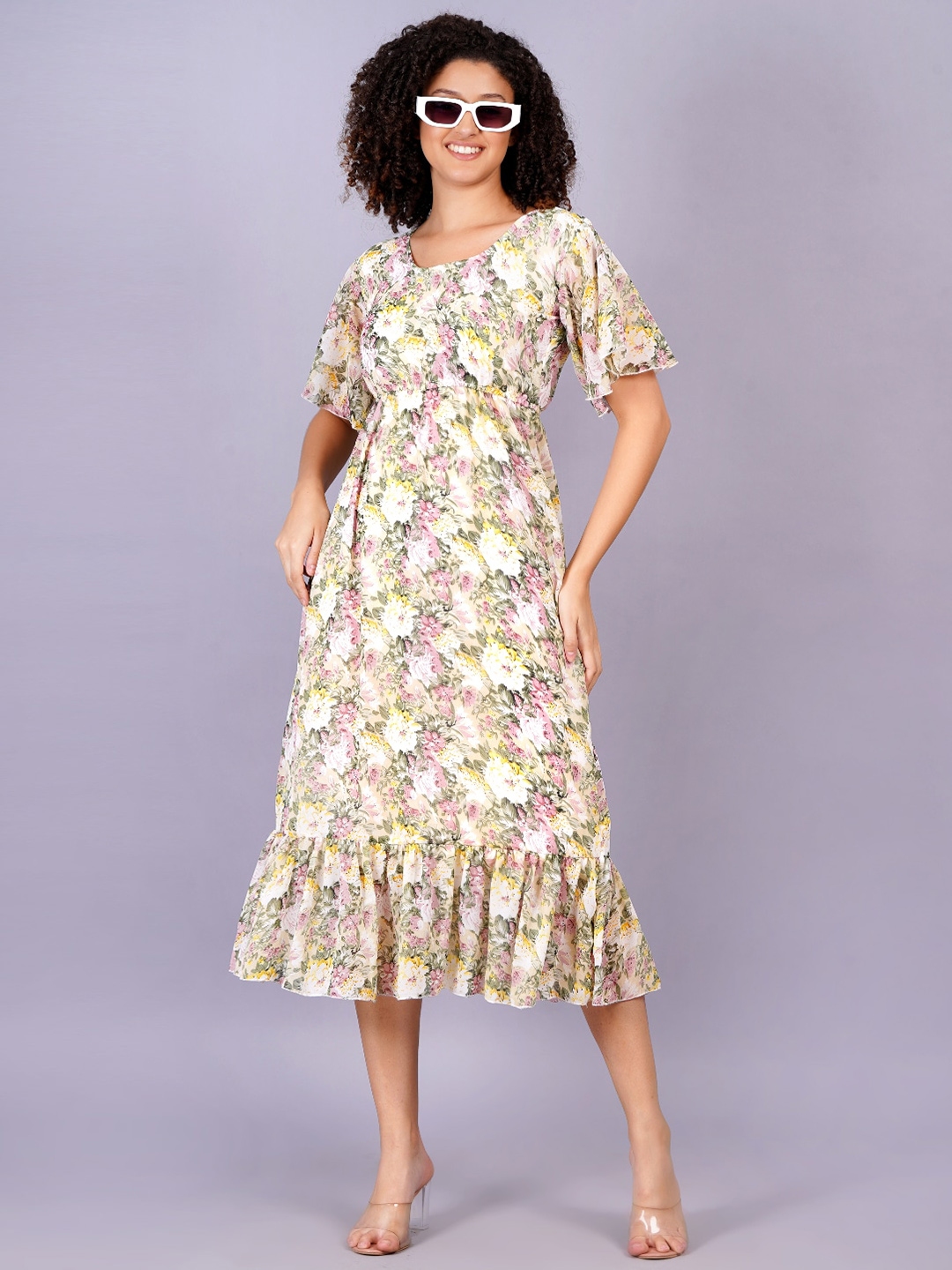 Buy Kalini Floral Printed Flared Sleeves Georgette Fit And Flare Midi