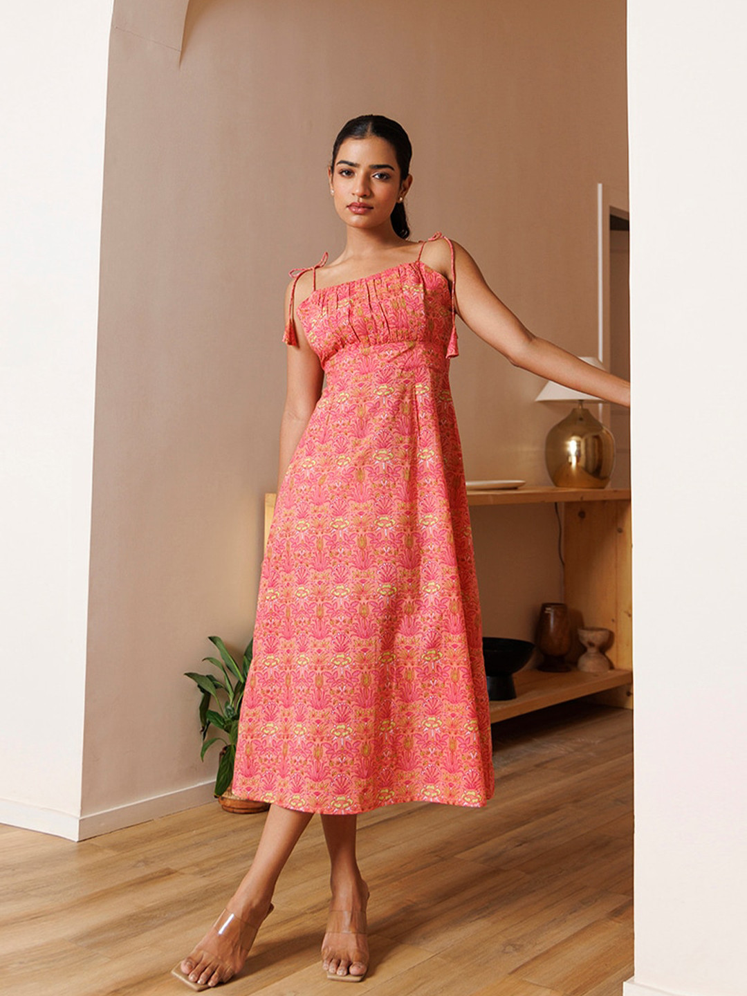 Buy Ragavi Floral Print Shoulder Straps Cotton Midi A Line Dress ...