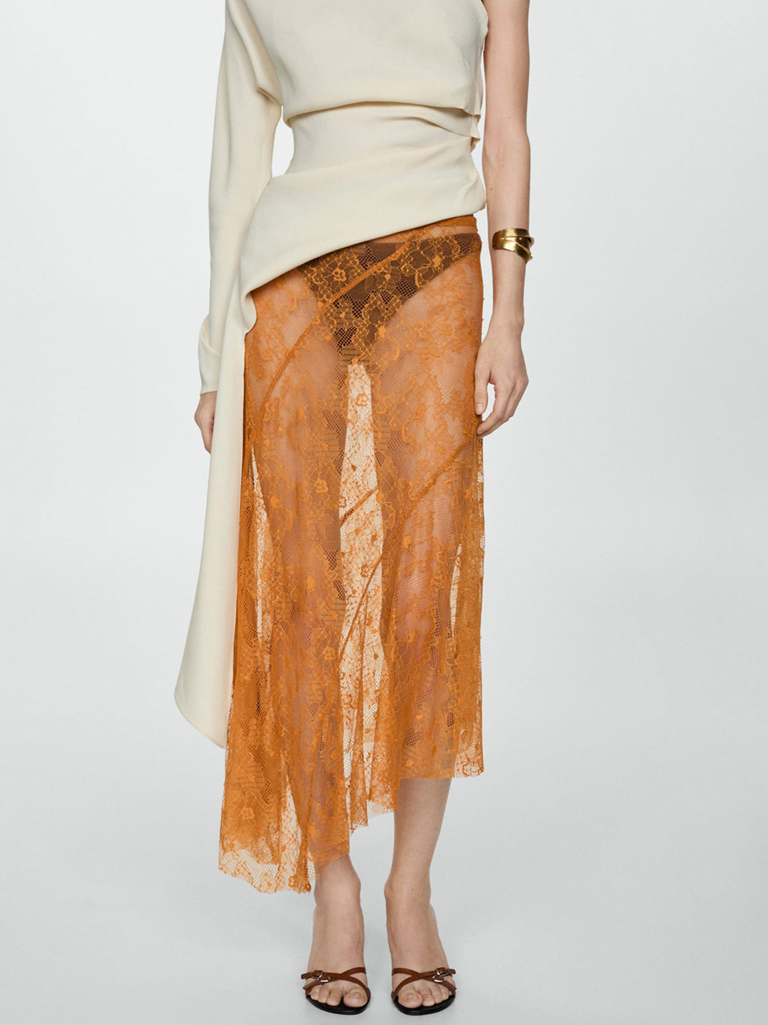 Buy MANGO Asymmetric Hem Lacy Sheer Flared Skirt - Skirts for Women ...