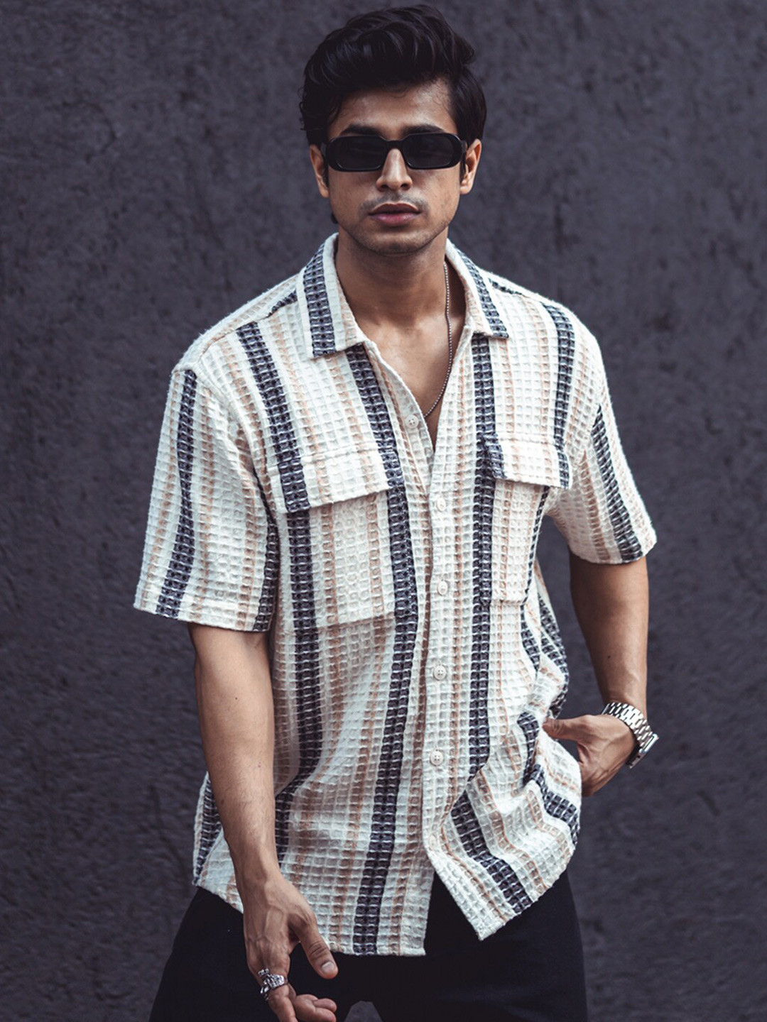 Buy Powerlook Off White India Slim Striped Self Design Oversized Cotton ...