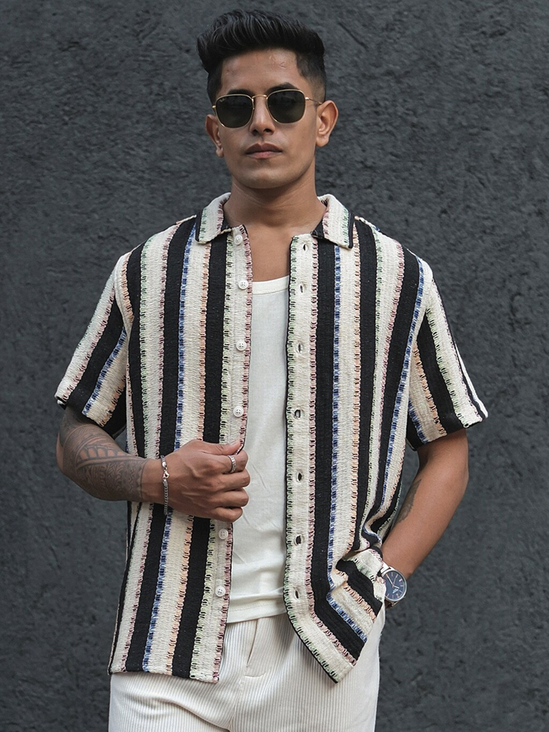 Buy Powerlook India Slim White Sheer Vertical Striped Cotton Casual ...
