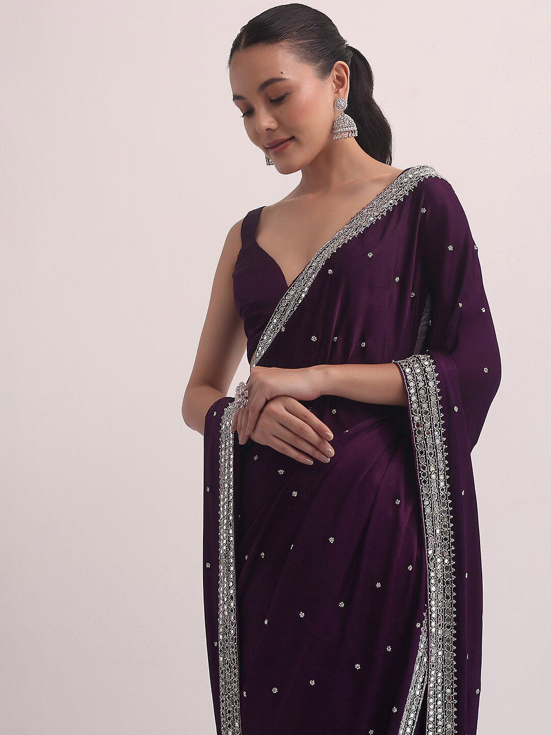 Buy KALKI Fashion Embellished Mirror Work Satin Saree - Sarees for ...