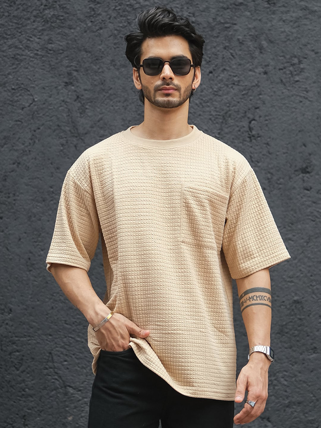 Buy Powerlook Beige Striped Drop Shoulder Sleeves Oversized T Shirt ...