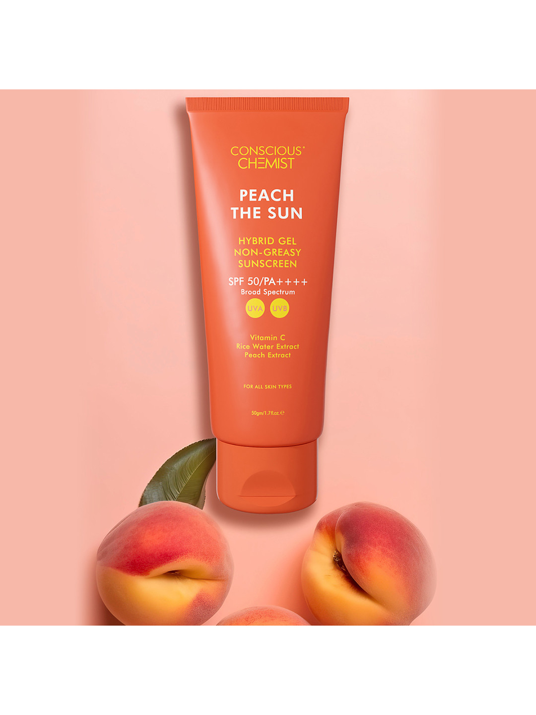 Buy Conscious Chemist Hybrid Peach Sunscreen SPF 50 PA++++ Zero Whitecast With Vitamin C 50g ...