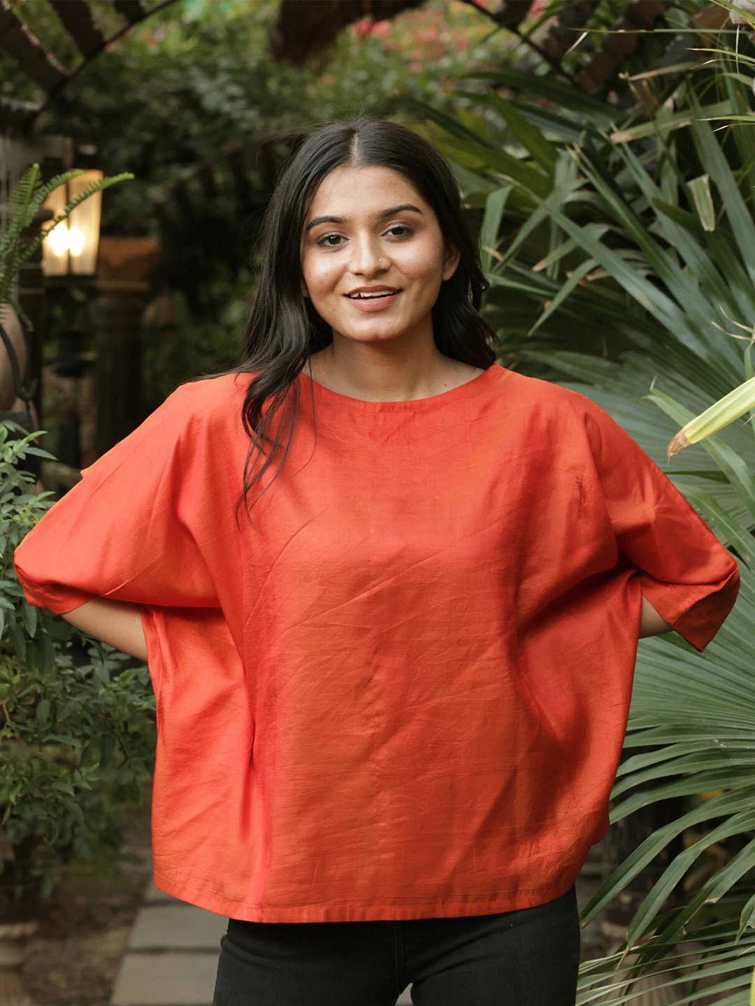 Buy Exotic India Poinciana Vintage Plain Pure Silk Baggy Top - Tops for ...