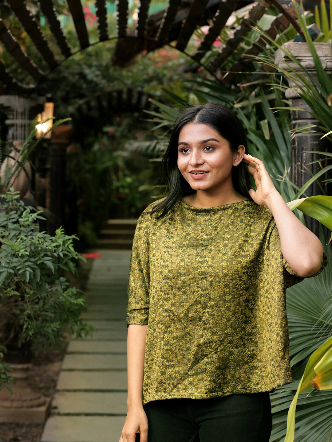 Buy Exotic India Peat Moss Vintage Plain Pure Silk Baggy Top - Tops for ...