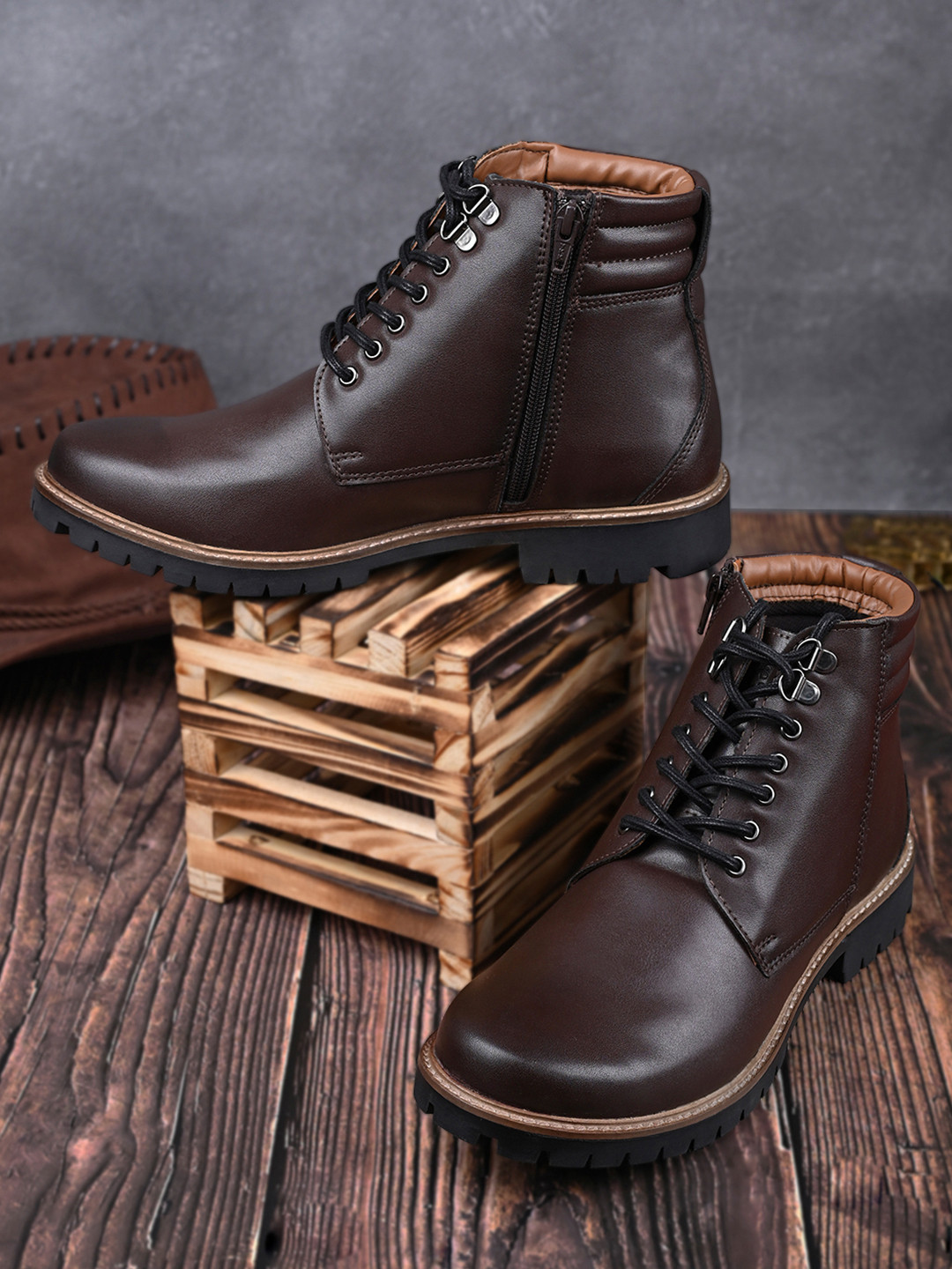 Buy LOUIS STITCH Men Brunette Brown Mid Top Lace Up Biker Chain Boots ...