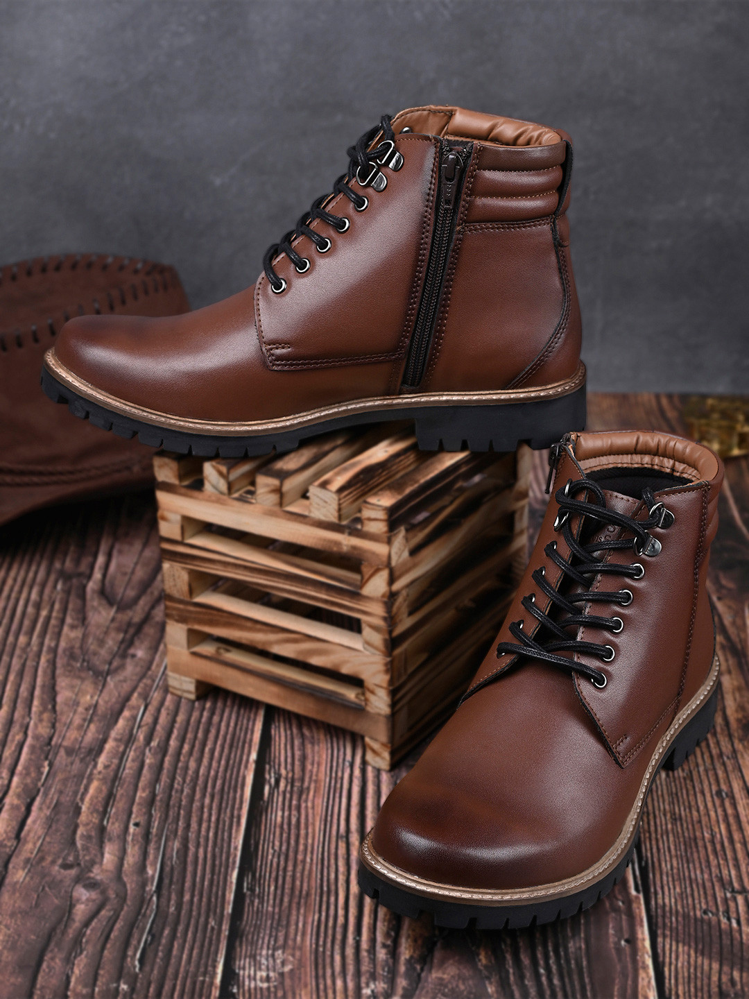 Buy Louis Stitch Men Tan Mid Top Lace Up Biker Chain Boots - Boots for ...