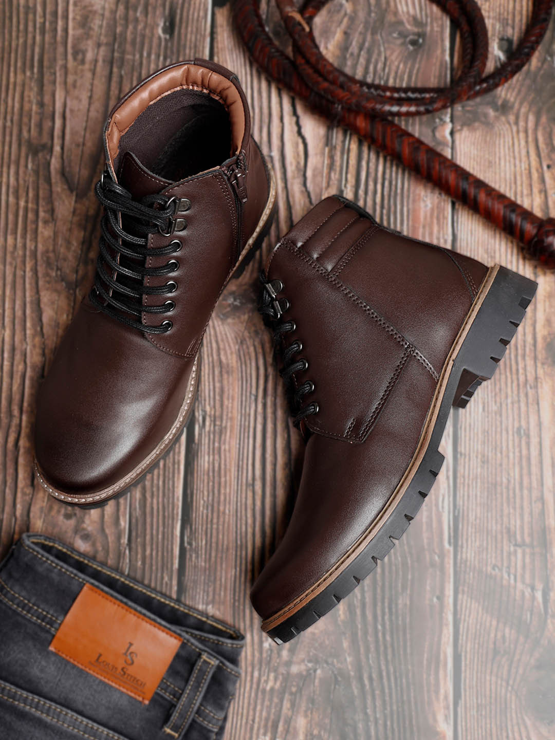 Buy LOUIS STITCH Men Brunette Brown Mid Top Lace Up Biker Chain Boots ...