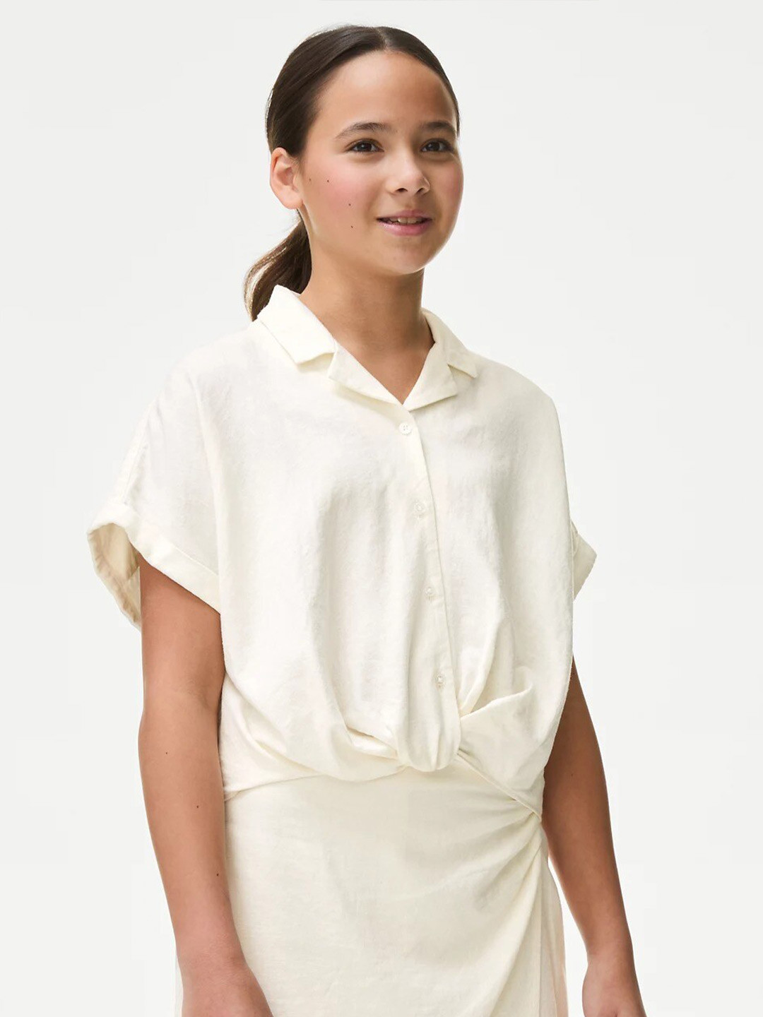 Buy Marks & Spencer Girls Shirt Collar Extended Sleeves Linen Boxy Top ...