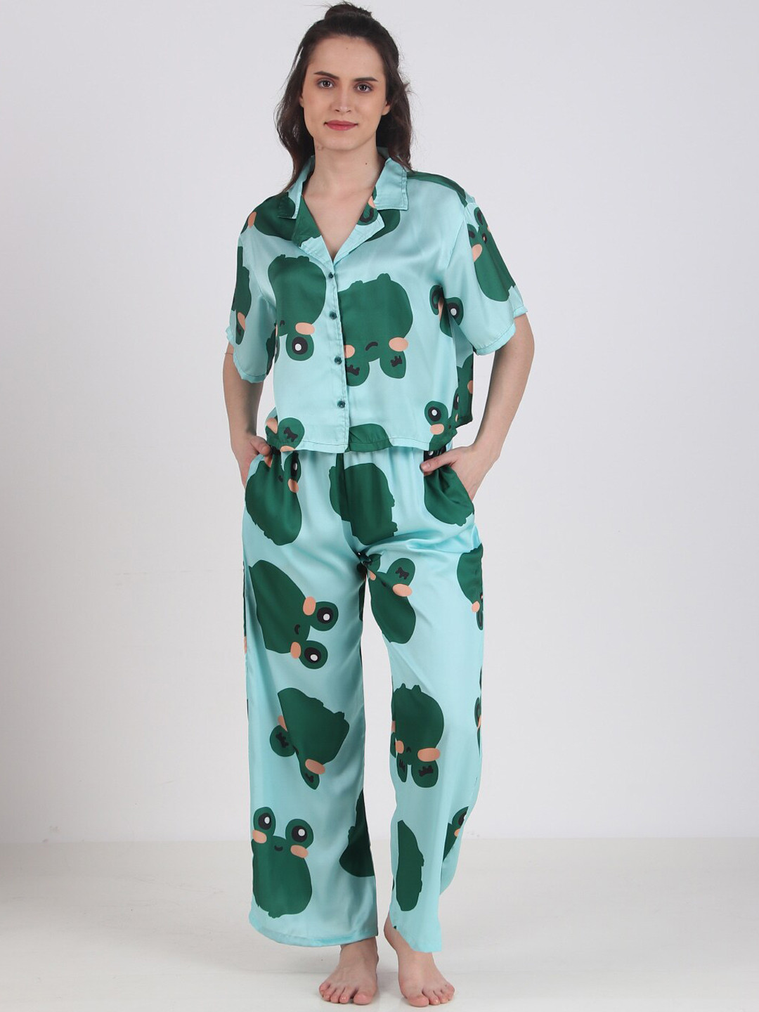 Buy Masha Conversational Printed Lapel Collar Satin Night Suit - Night ...