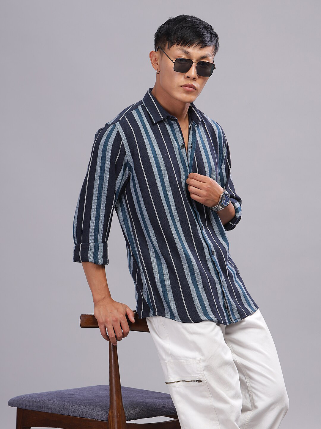 Buy PAUL STREET Standard Slim Fit Striped Spread Collar Cotton Shirt ...