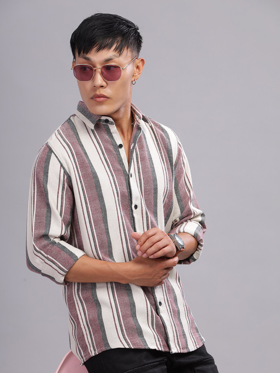 Buy PAUL STREET Standard Slim Fit Multi Striped Spread Collar Cotton ...