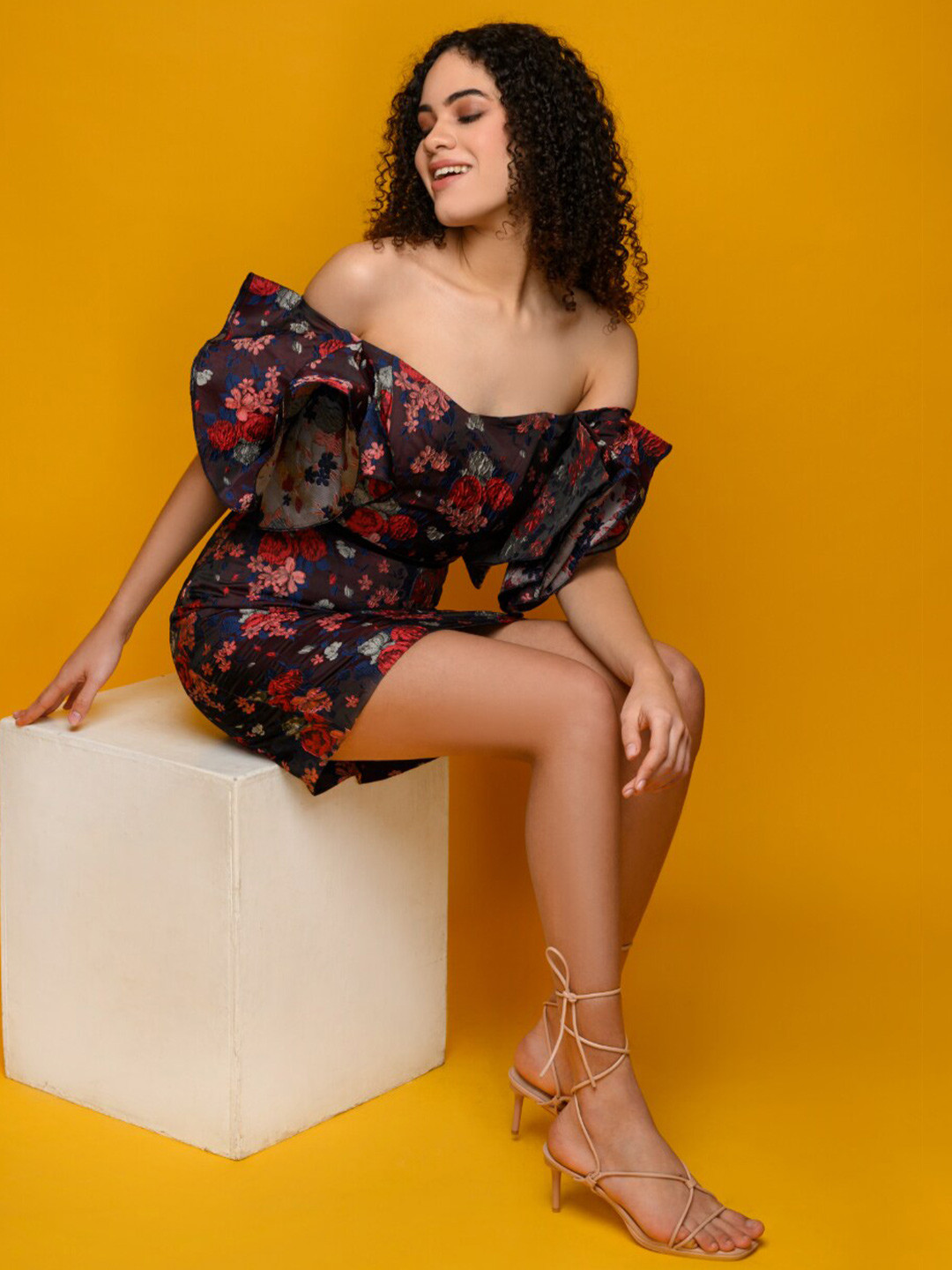 Buy MEEAMI FASHION Floral Print Off Shoulder Puff Sleeve Jacquard A ...