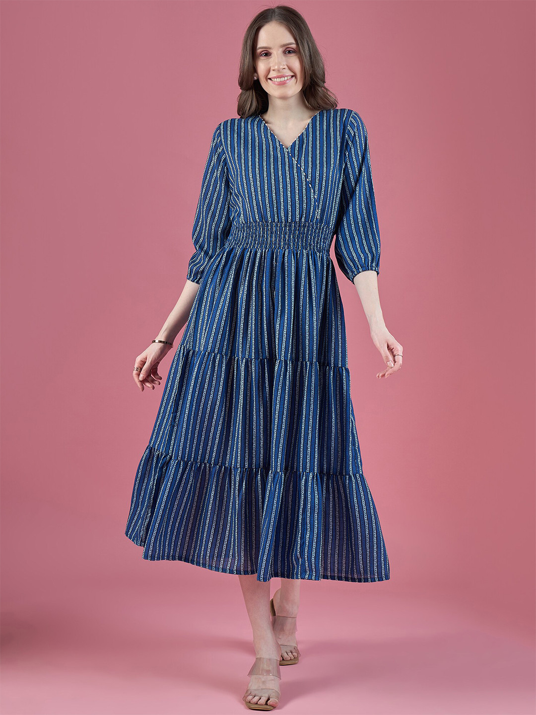 Buy DressBerry Blue Striped Puff Sleeves Cotton Layered Fit & Flare ...