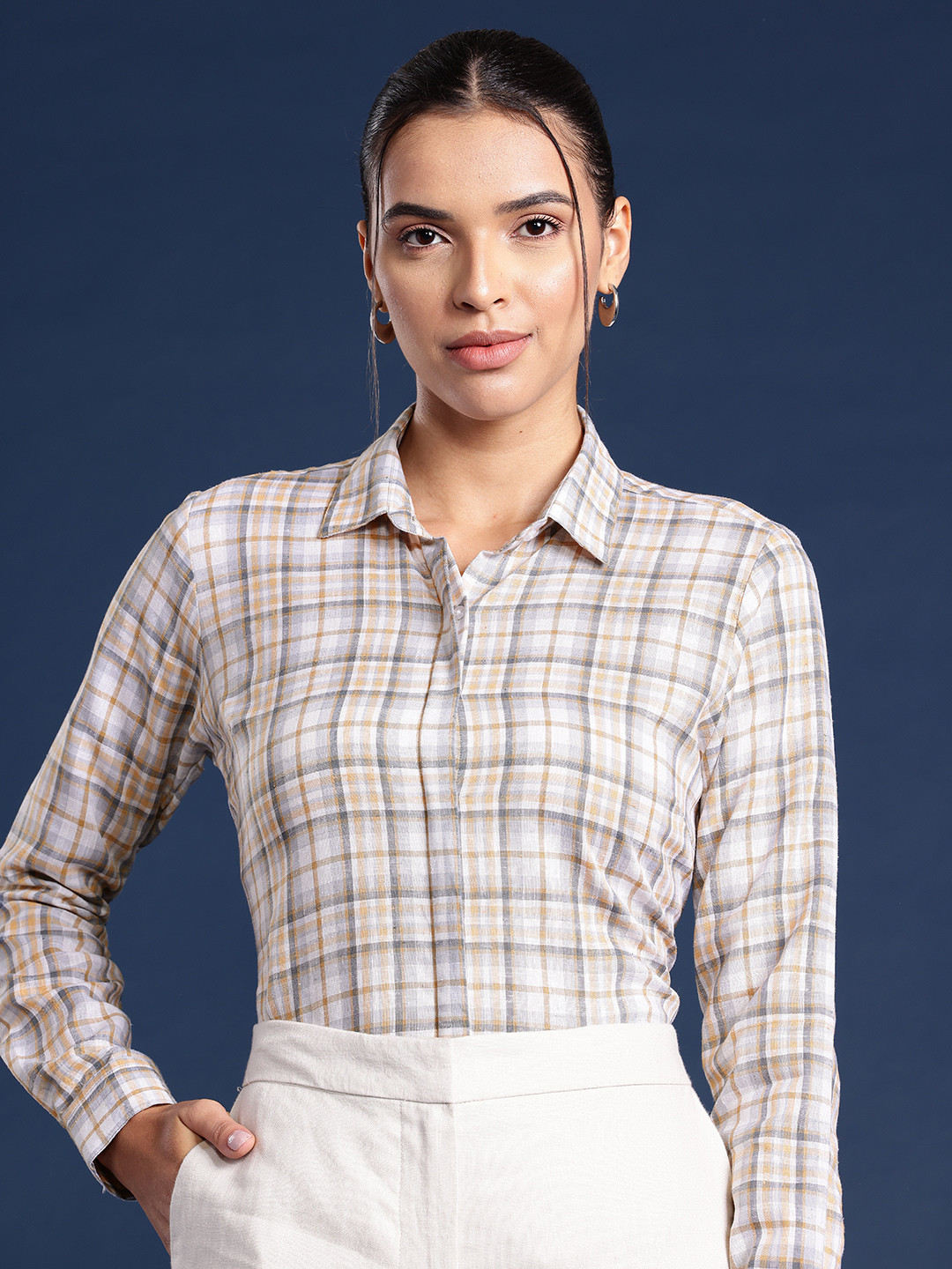 Buy Hancock Standard Linen & Cotton Windowpane Checked Formal Shirt ...