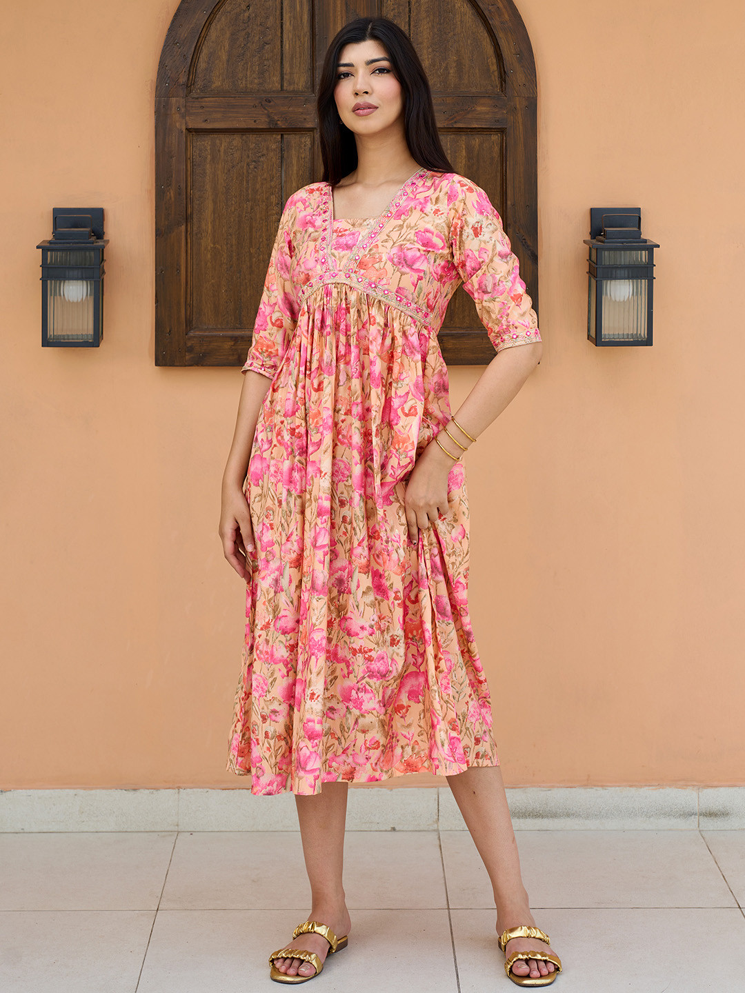 Buy Libas Floral Printed Gathered Or Pleated Silk Maxi Dress - Dresses ...