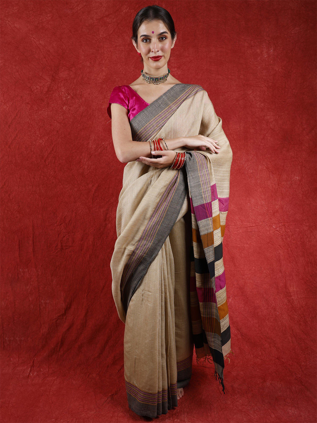 Buy Exotic India Warm Sand Plain Khadi Cotton Saree With Stripe On ...