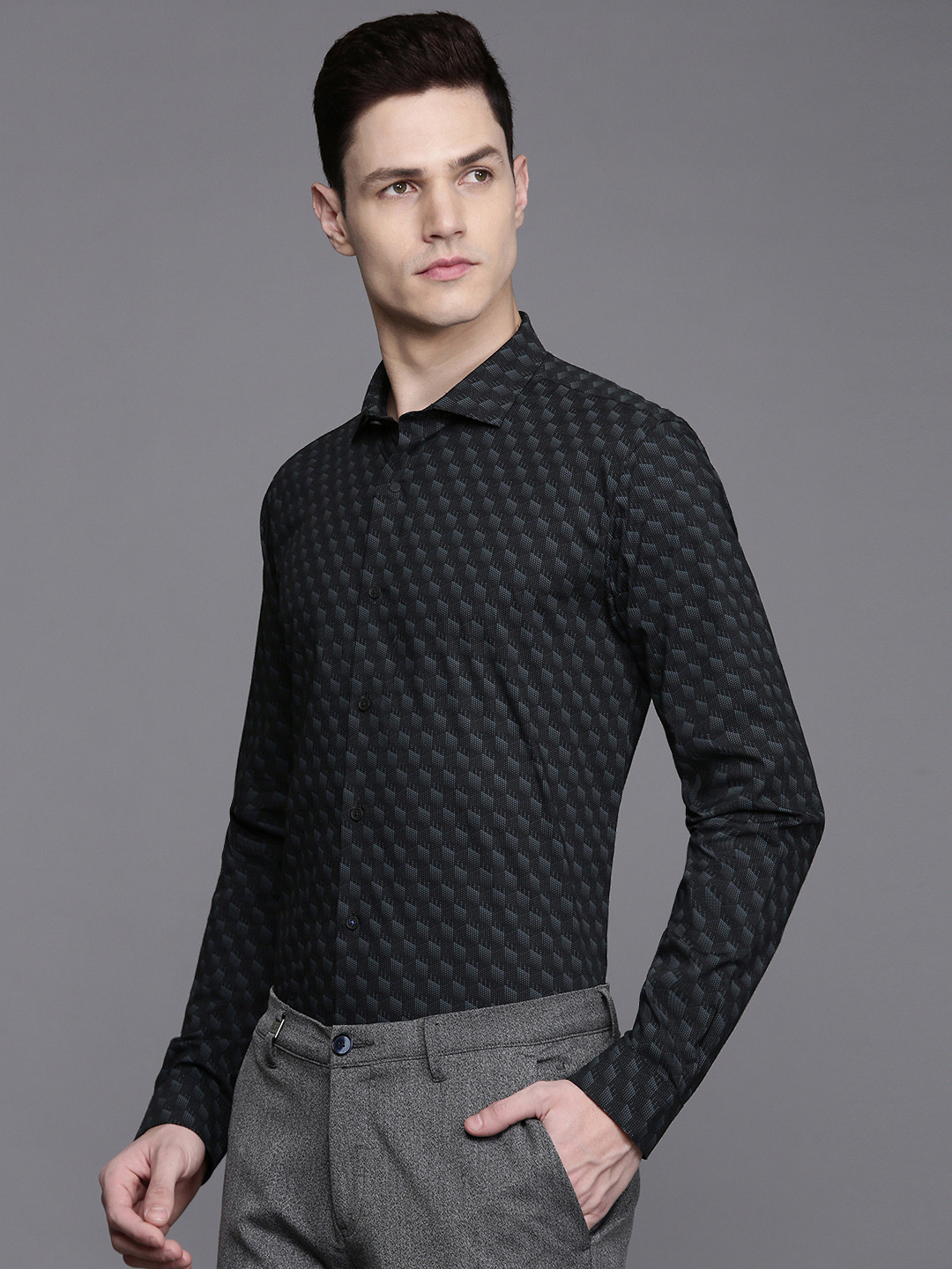 Buy Louis Philippe Ath.Work Super Slim Fit Opaque Printed Pure Cotton ...