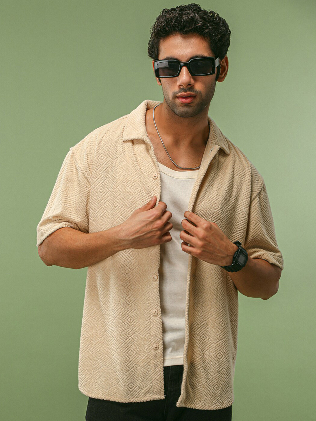 Buy Powerlook Cream India Slim Oversized Fit Self Design Textured ...