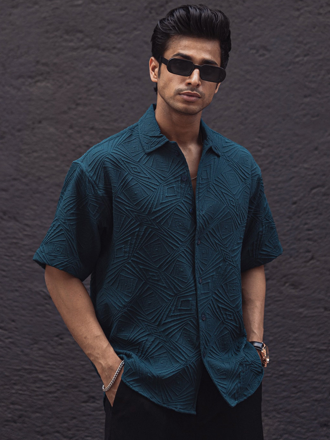 Buy Powerlook Teal Blue India Slim Oversized Fit Self Design Textured ...