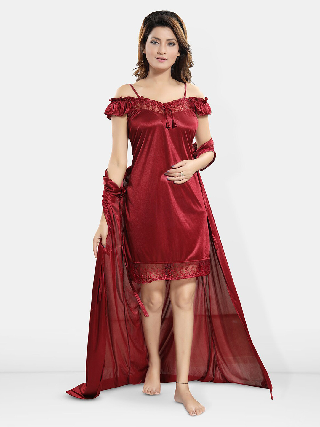 Buy Be You Shoulder Straps Satin Maxi Wrap Nightdress With Robe ...