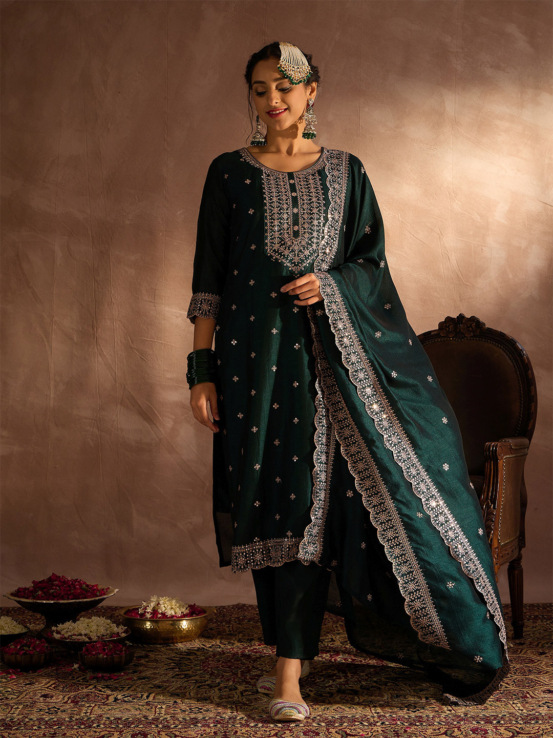 Buy Indo Era Ethnic Motifs Embroidered Regular Thread Work Straight ...