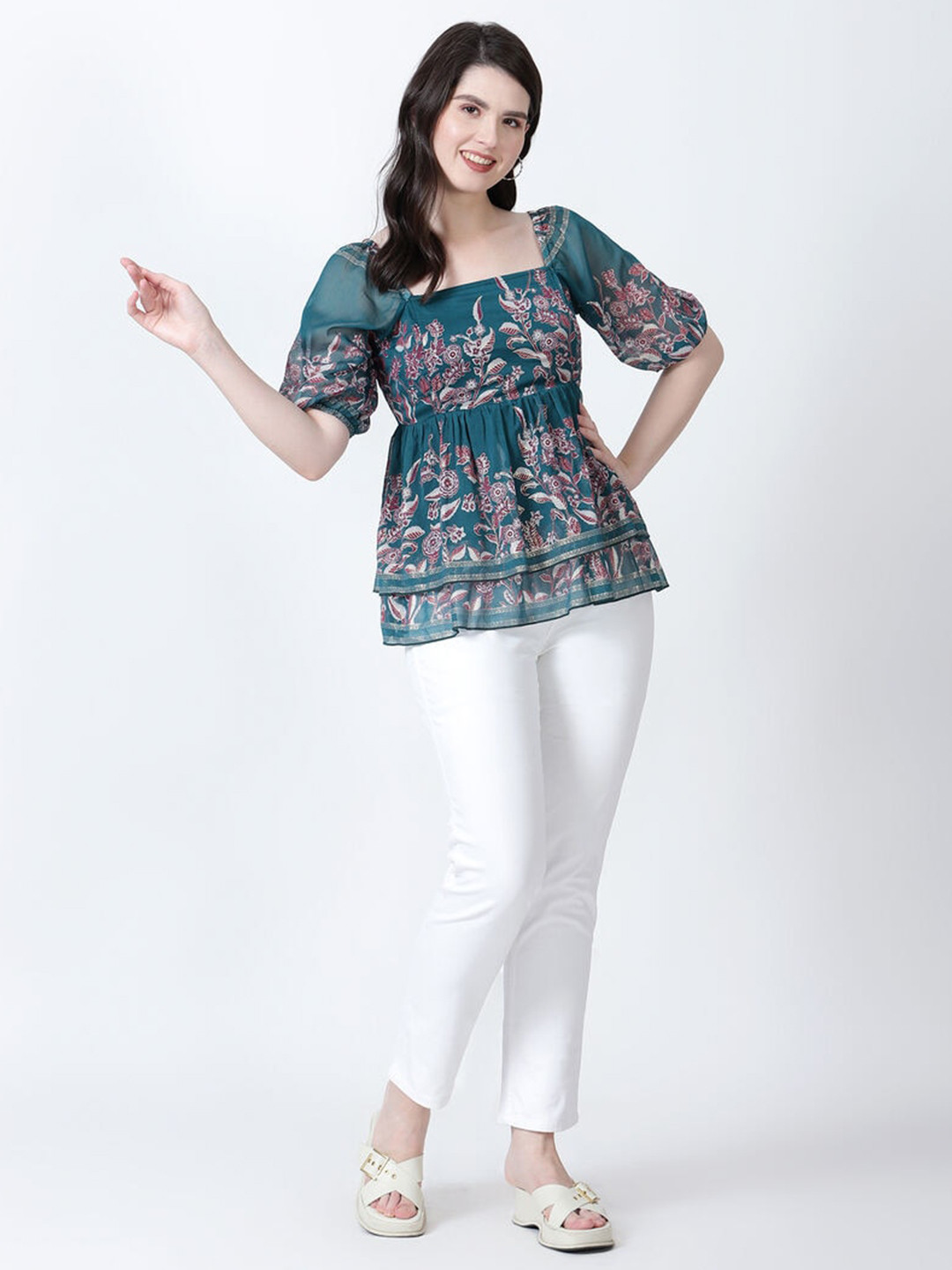 Buy DRAPE AND DAZZLE Floral Printed Square Neck Chiffon Empire Top ...