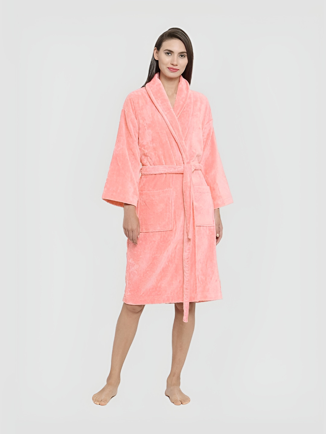 Buy MYTRIDENT Peach Coloured Shawl Collar Pure Cotton Bath Robe - Bath ...