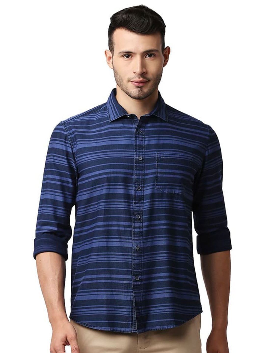 Buy Basics Slim Fit Horizontal Stripes Spread Collar Cotton Casual ...