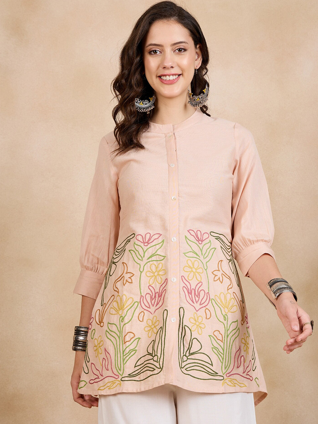 Buy Anouk Beige Mandarin Collar Embroidered Cotton Tunic - Tunics for ...
