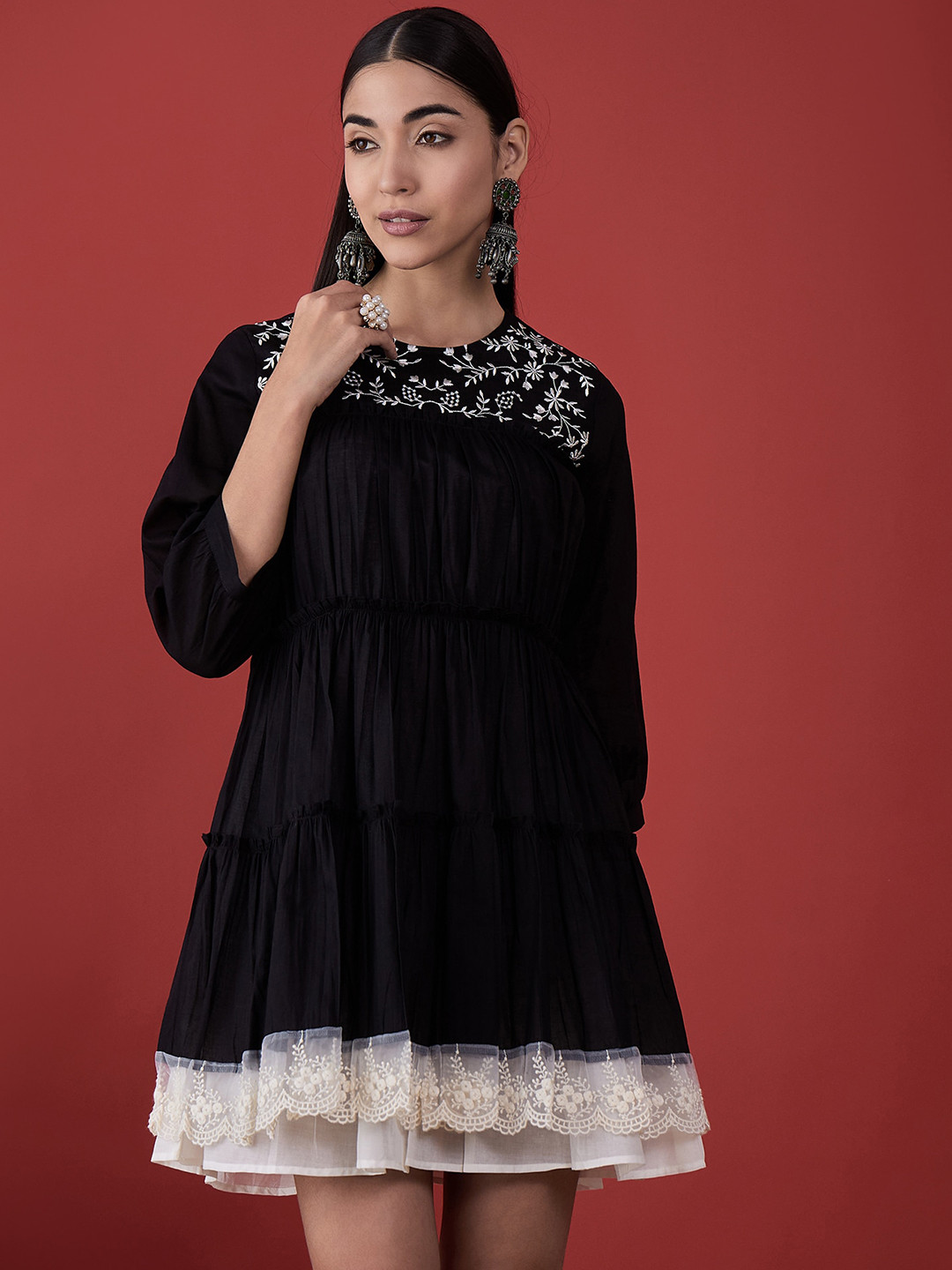 Buy Anouk Floral Embroidered Gathered Tiered A Line Mini Dress With ...